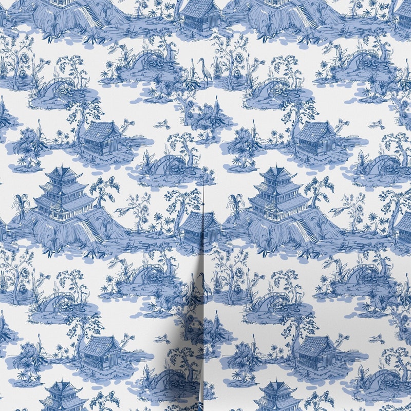 Blue Toile Wallpaper - Etsy