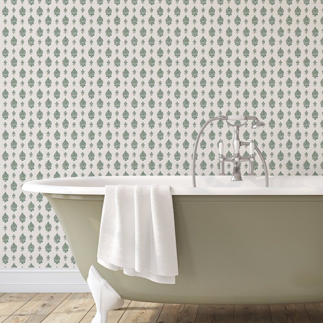 Vintage Boho Floral Block Print Wallpaper, Green and White Textured ...