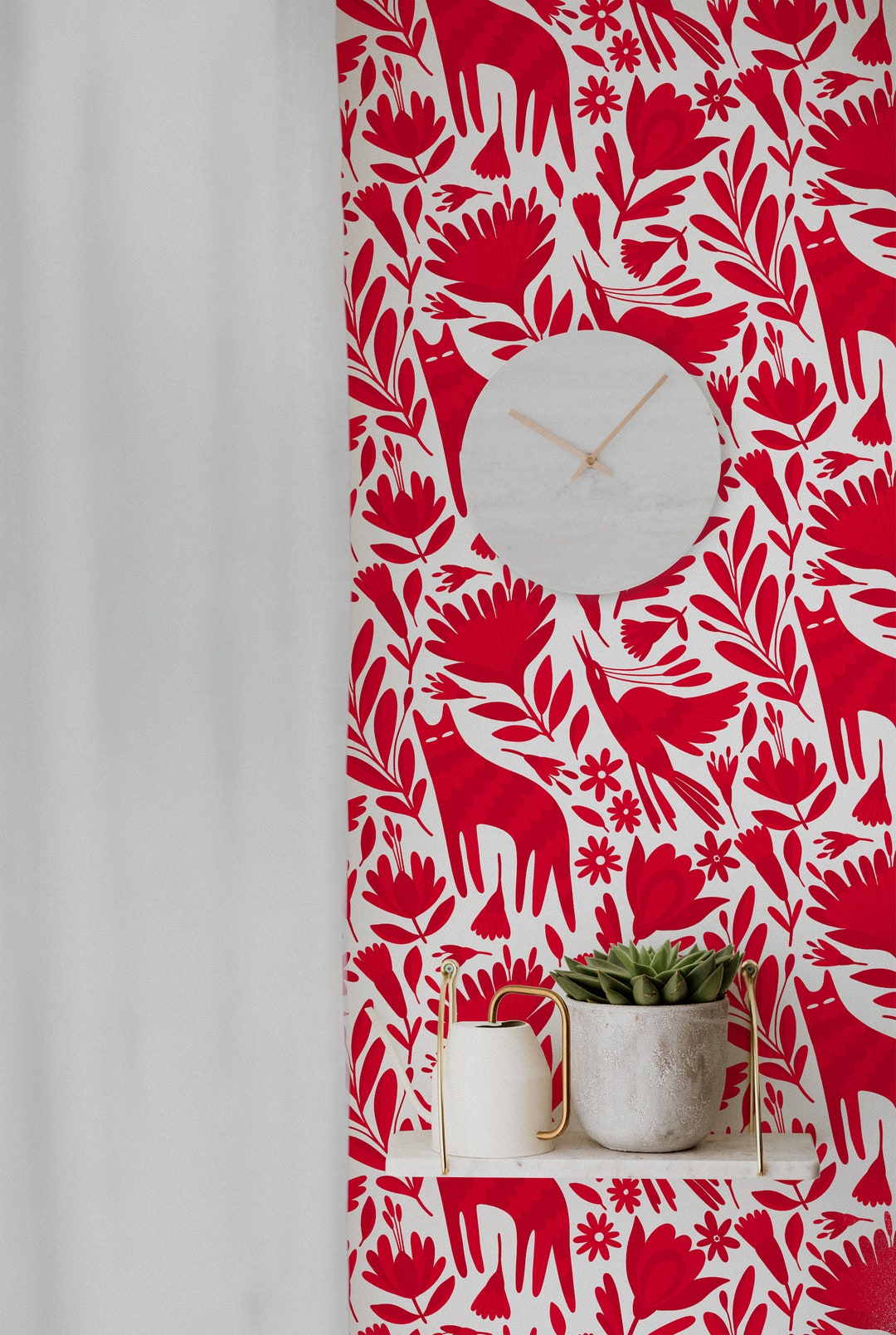 Red Otomi Wallpaper: Floral Flying Bird Peel and Stick Wallcovering - Etsy
