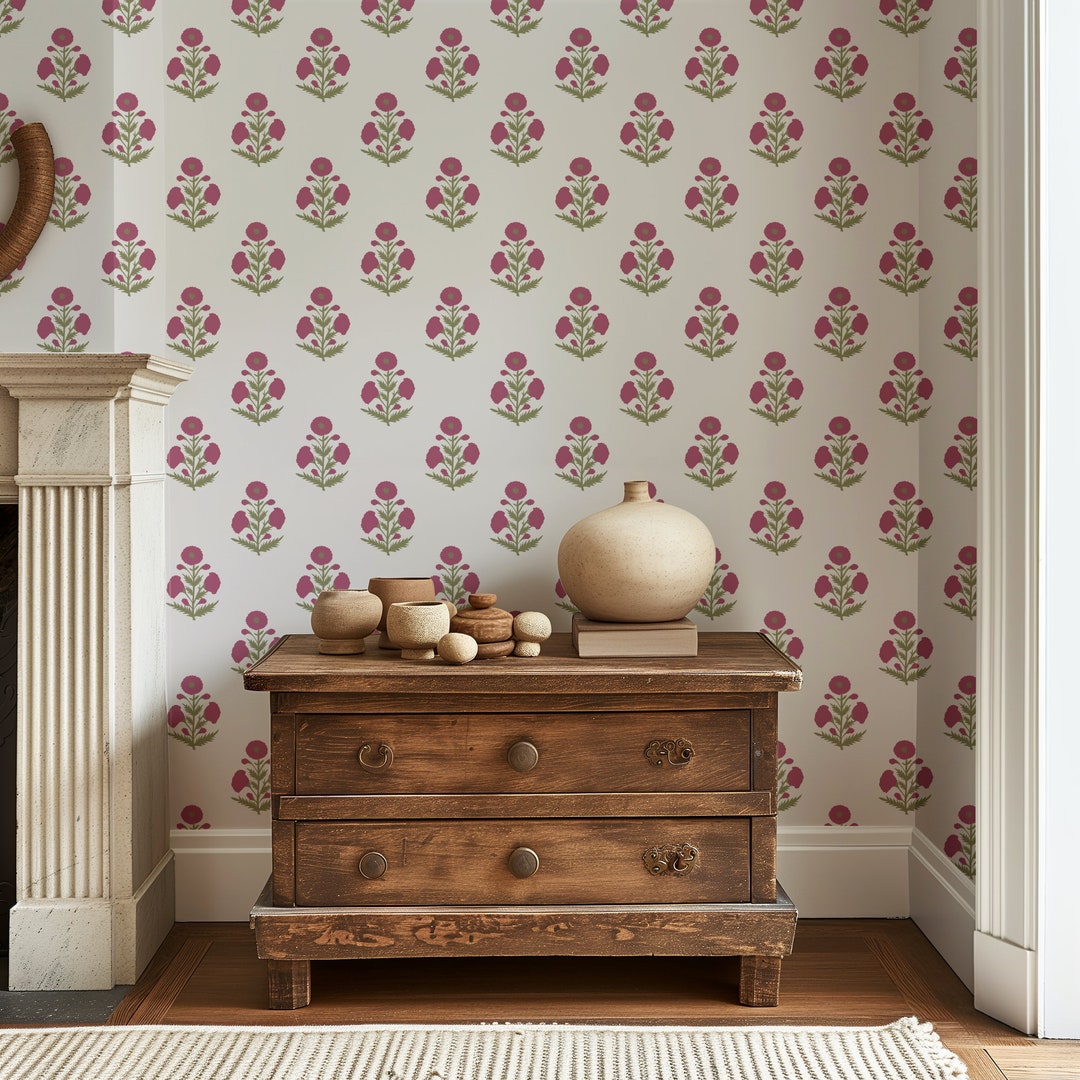 Block Print Floral Wallpaper, Removable Peel and Stick and Traditional ...
