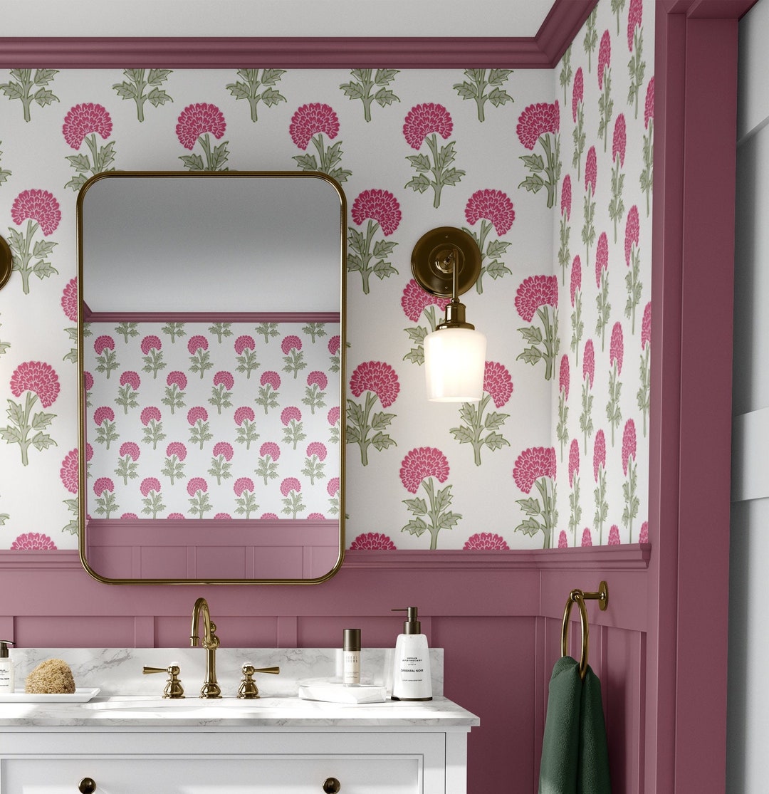 Pink Floral Block Print Wallpaper | Peel and Stick or Traditional ...