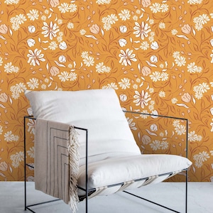Orange Boho Floral Wallpaper | Peel and Stick or Permanent Wallpaper - Etsy