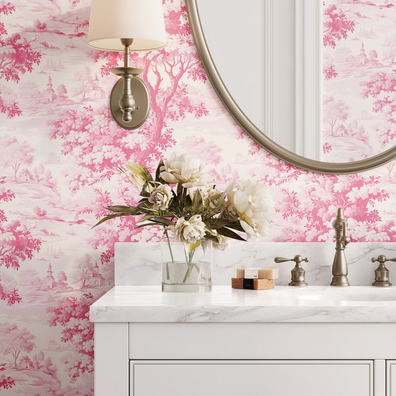 Pink Toile Wallpaper - Etsy