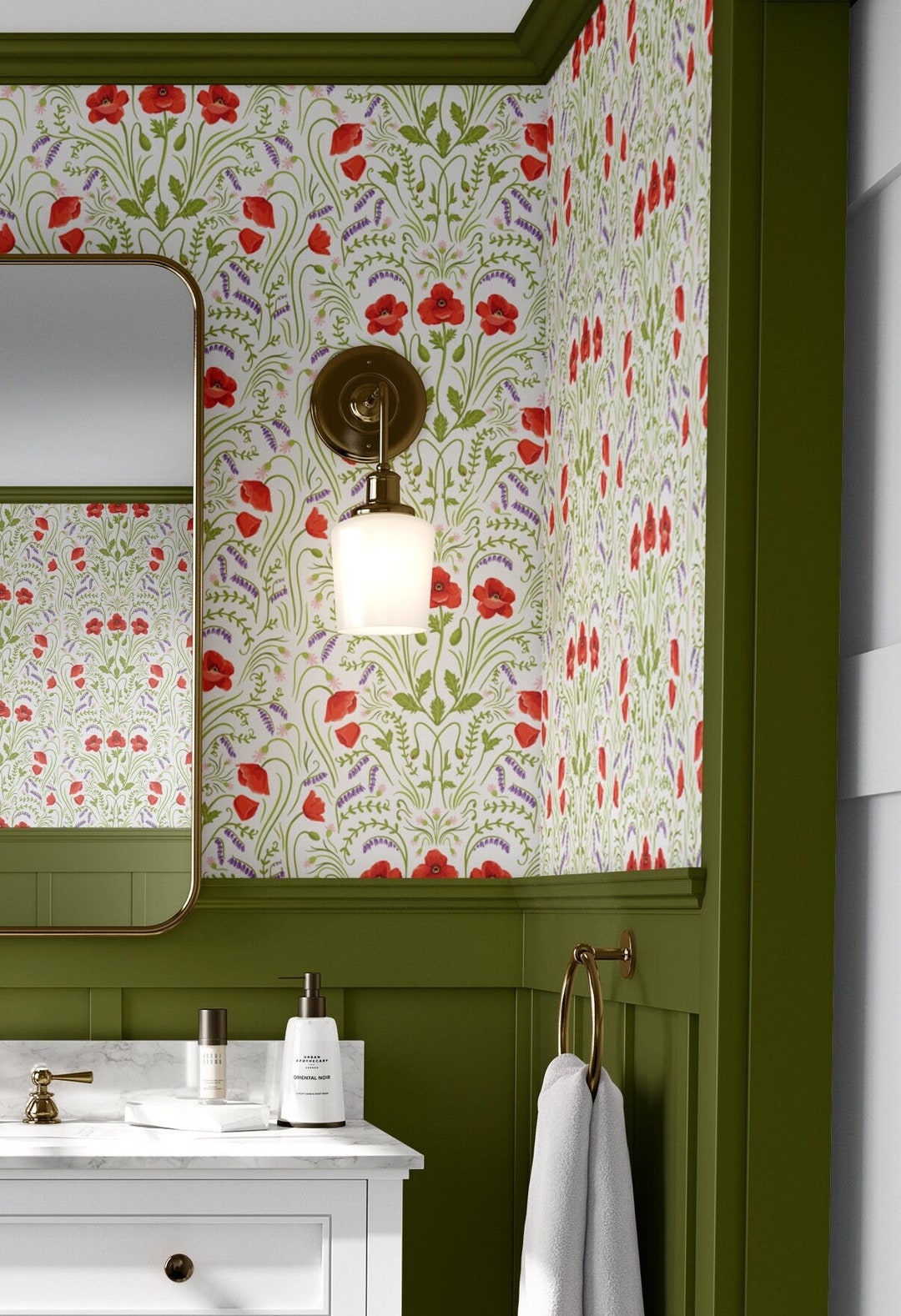 Whimsical Poppy Floral Wallpaper, Green and White Peel and Stick ...