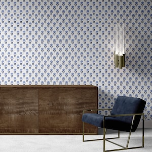 Blue and White Floral Block Print Wallpaper, Peel and Stick Wallpaper ...