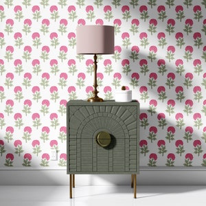 Pink Floral Block Print Wallpaper | Peel and Stick or Traditional ...