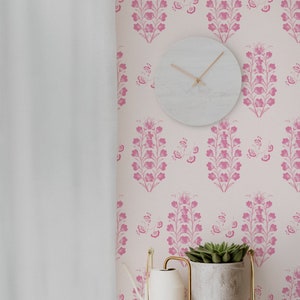 Pink Floral Block Print Wallpaper: Maximalist Peel and Stick or ...