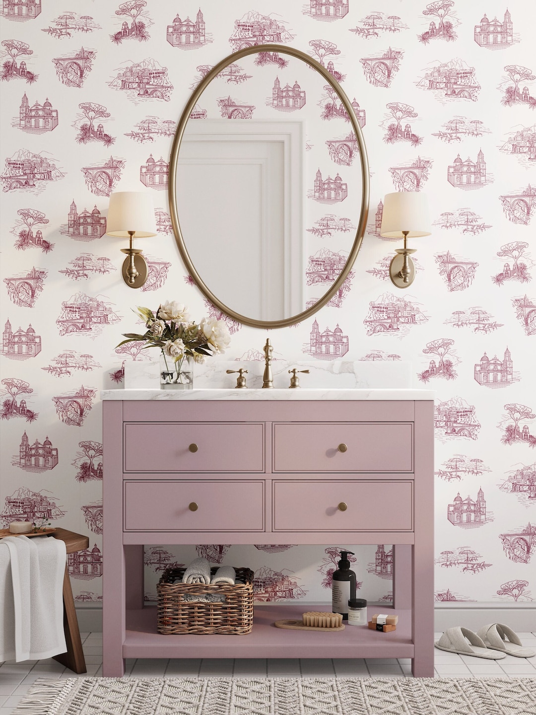 Toile Wallpaper Inspired by Italy, Pink Toile Wallpaper, Elegant and ...