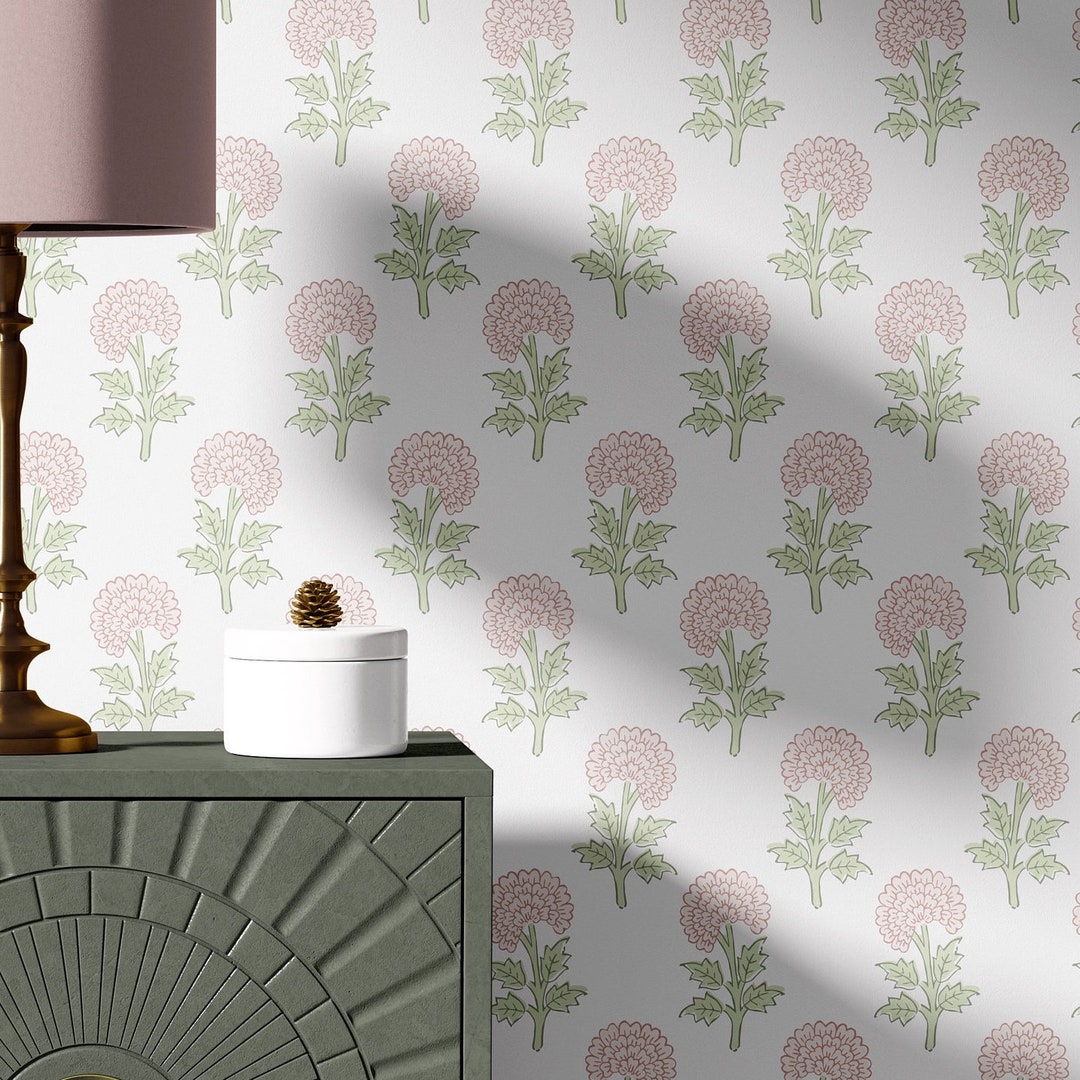 Pink Floral Block Print Wallpaper: Textured Peel and Stick or Unpasted ...