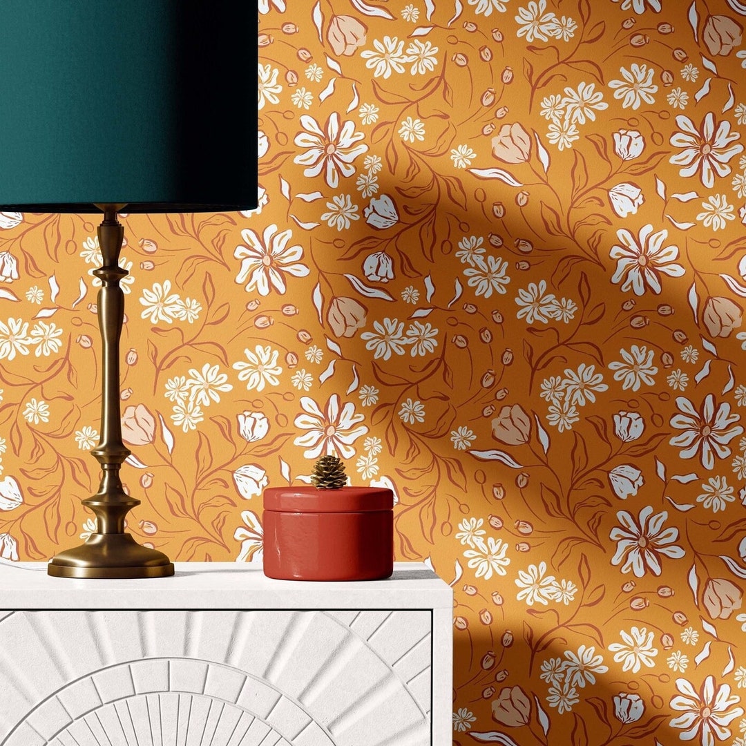 Orange Boho Floral Wallpaper | Peel and Stick or Permanent Wallpaper - Etsy