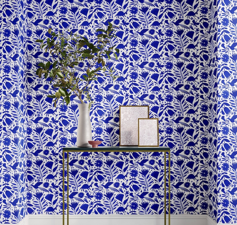 Blue Otomi Wallpaper: Floral Peel and Stick Wallcovering - Etsy