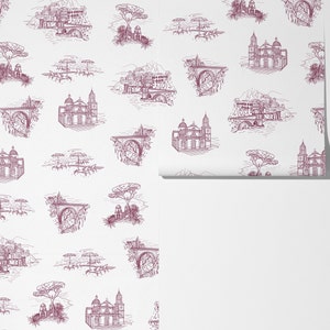 Toile Wallpaper Inspired by Italy, Pink Toile Wallpaper, Elegant and ...