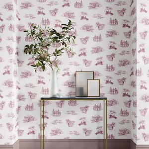 Toile Wallpaper Inspired by Italy, Pink Toile Wallpaper, Elegant and ...