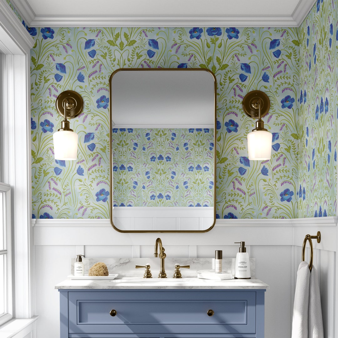 Whimsical Poppy Flower Wallpaper, Blue Textured Peel and Stick ...