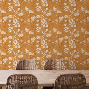 Orange Boho Floral Wallpaper | Peel and Stick or Permanent Wallpaper - Etsy