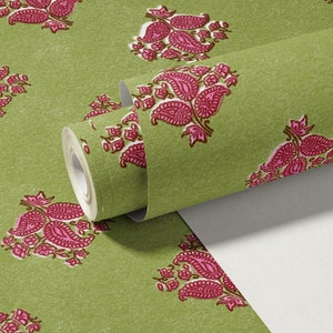 Vintage Green & Pink Block Print Peel and Stick Wallpaper - Etsy