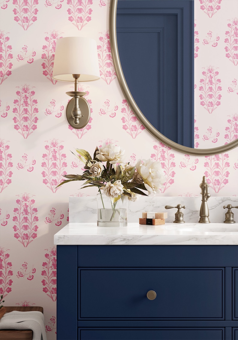 Pink Floral Block Print Wallpaper: Maximalist Peel and Stick or ...