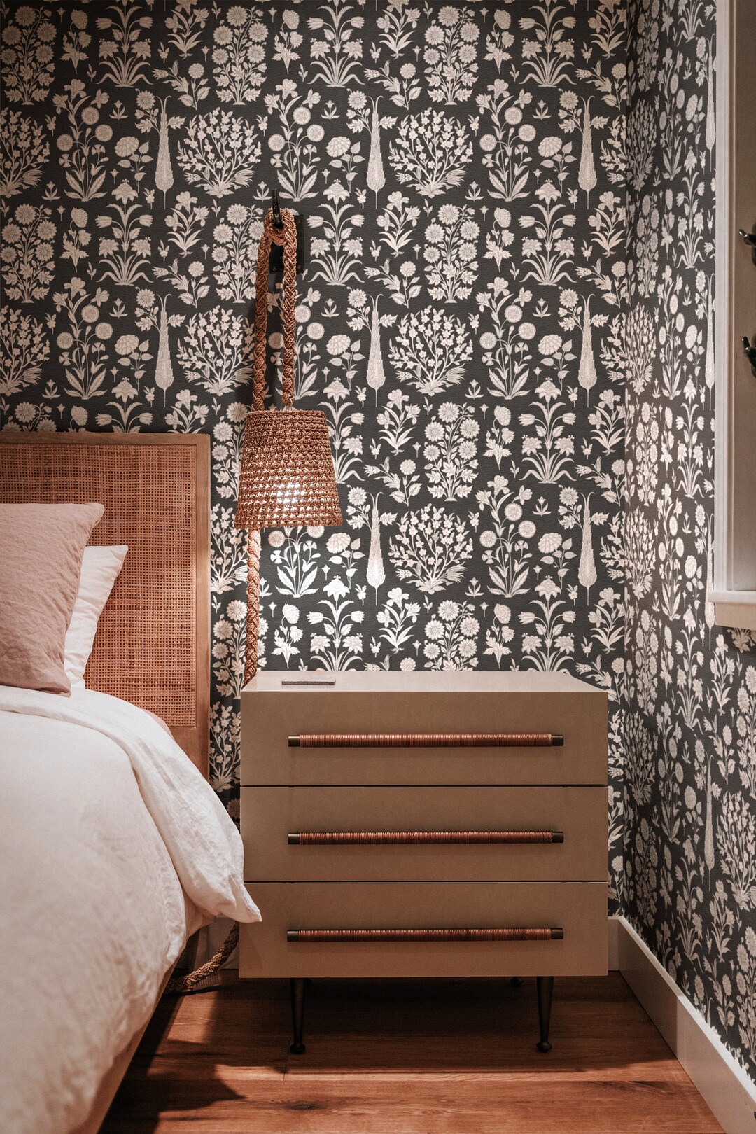 Vintage Damask Floral Block Print Wallpaper, Brown and White Textured ...