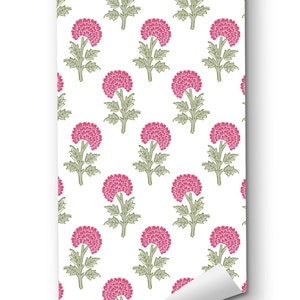 Pink Floral Block Print Wallpaper | Peel and Stick or Traditional ...