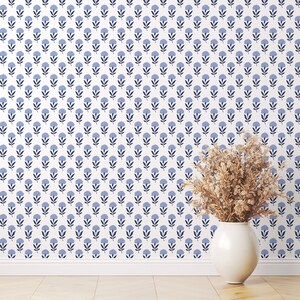 Blue and White Floral Block Print Wallpaper, Peel and Stick Wallpaper ...