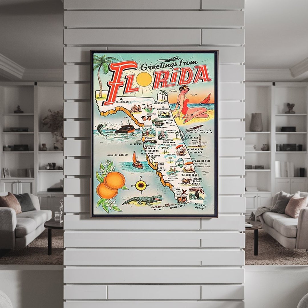 Florida Wall Decor - Florida Tourism Tourist Map Sunshine State Travel ...