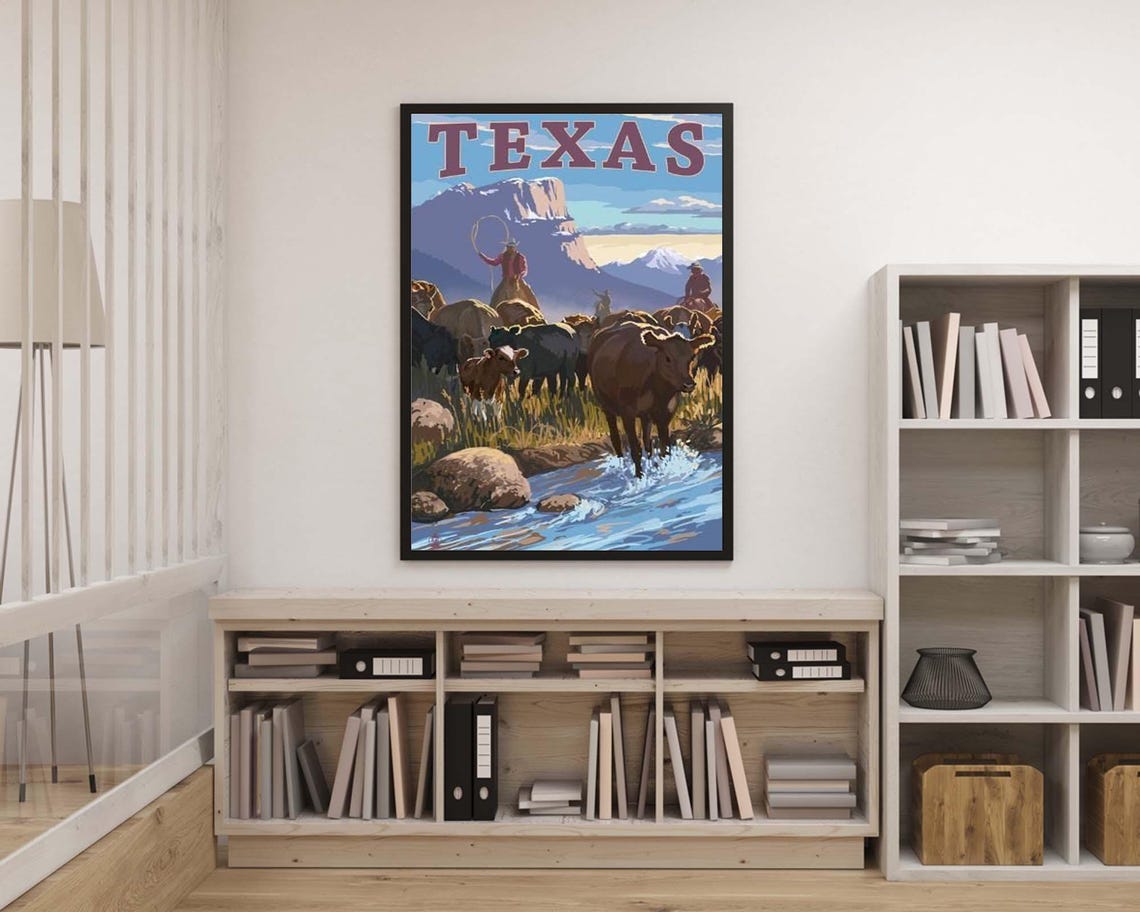 Texas Cowboy Cattle Drive Scene Stretched Poster Paper Vintage No Frame ...