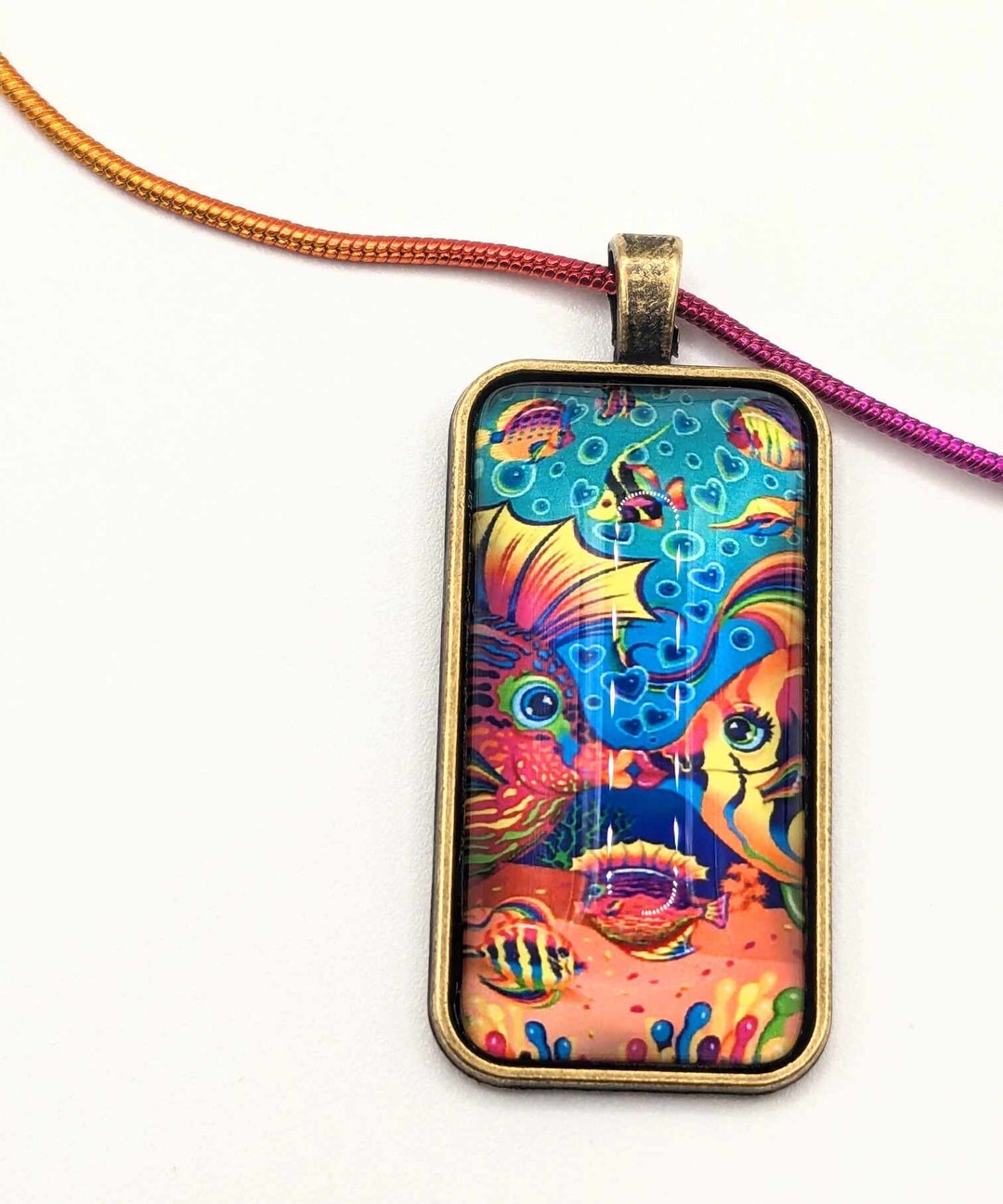 Rainbow Kissing Fish Lisa Frank Inspired Pendant Necklace, Bronze Color ...