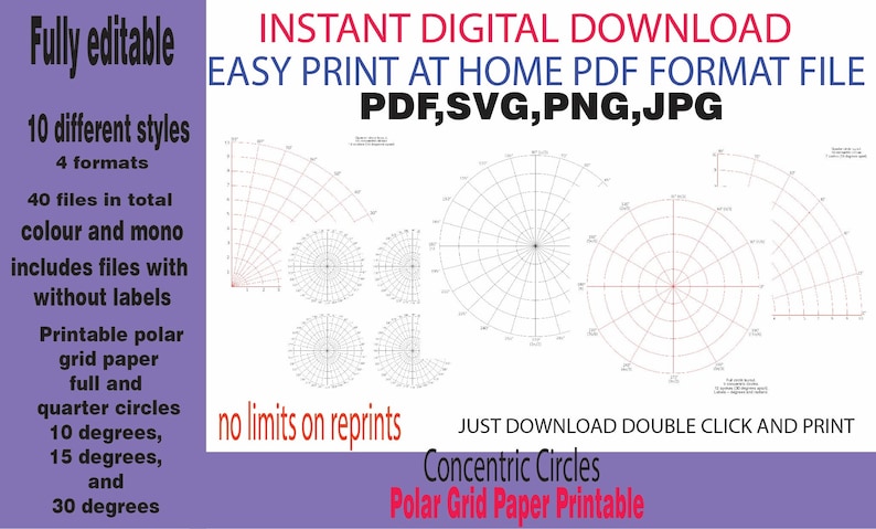 Printable Polar Graph Paper Png Pdf Svg Png Full and Quarter - Etsy UK
