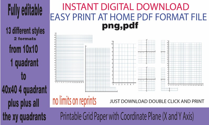 Printable Grid Paper Png Pdf With Coordinate Plane X and Y Axis 13 ...