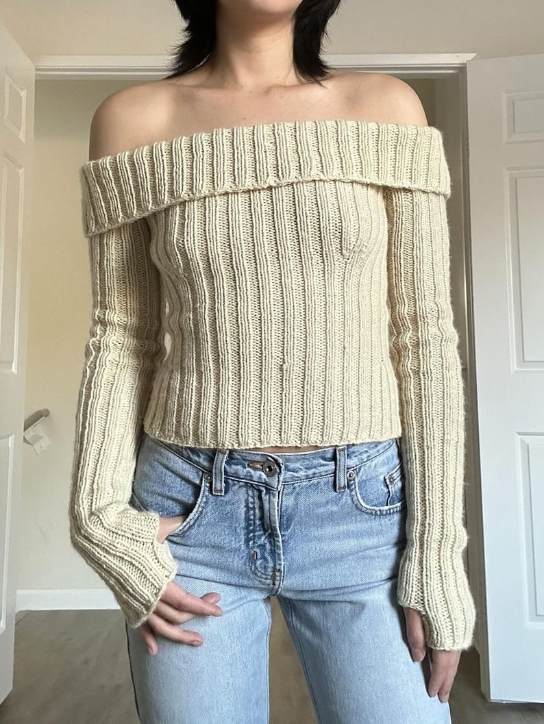 Prima Pullover • PDF Knitting Pattern Download for off Shoulder Ribbed ...