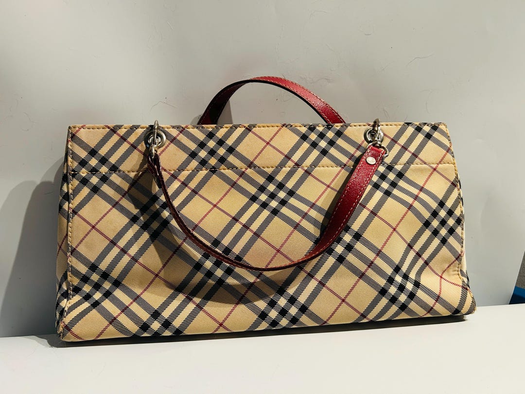 BURBERRY Nova Check Handbag With Red Leather Accents and Silver ...