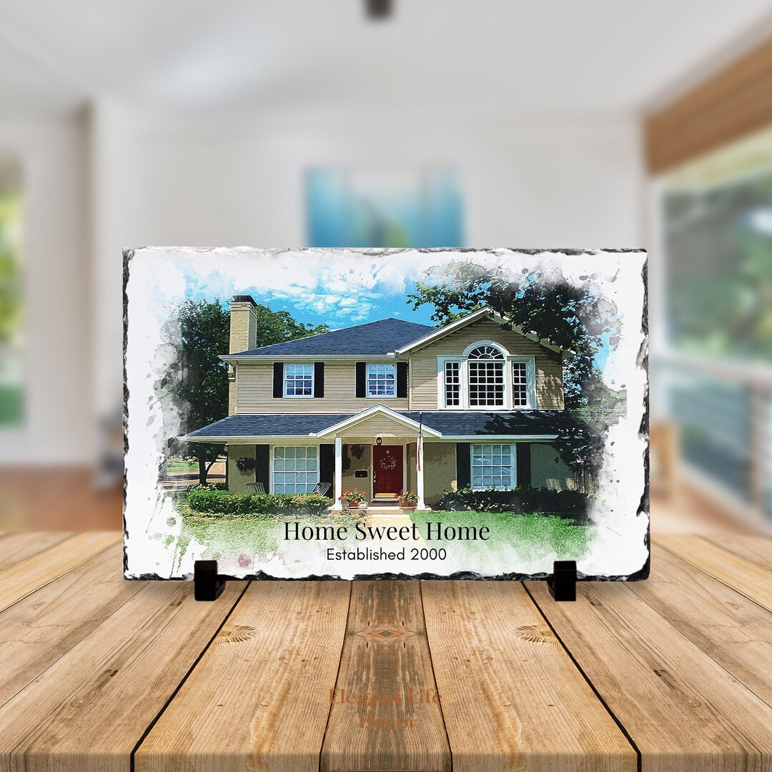 Custom Home Portrait Watercolor Stone Rock Slate Plaque, Personalized ...