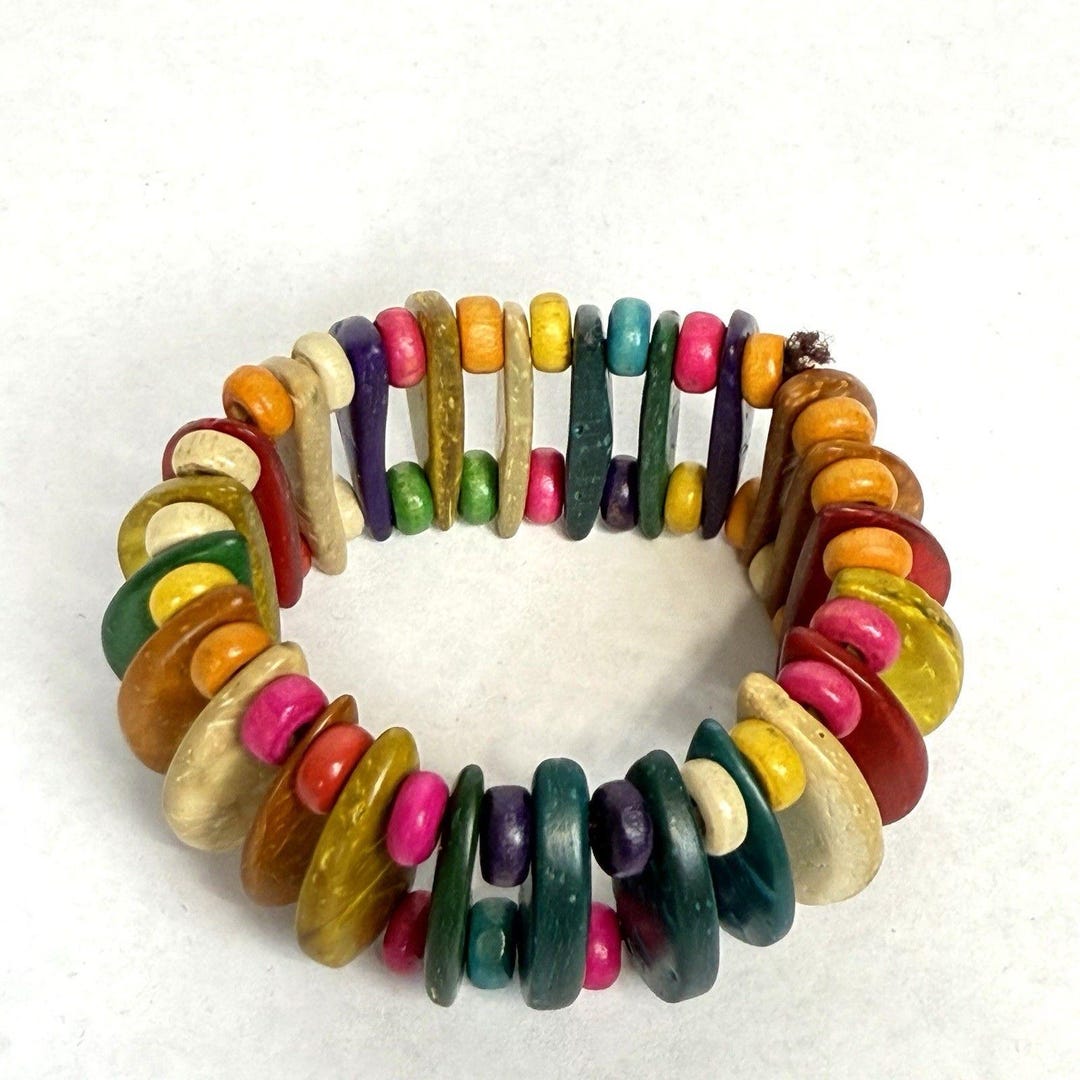 Vintage Boho Coconut Shell Beaded Stretch Bracelet Colorful Tropical ...