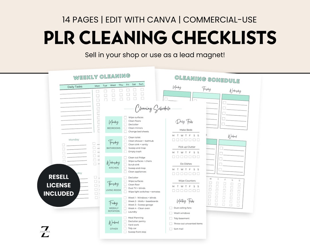 PLR Cleaning Checklists, PLR Digital Product, Commercial Use Cleaning ...