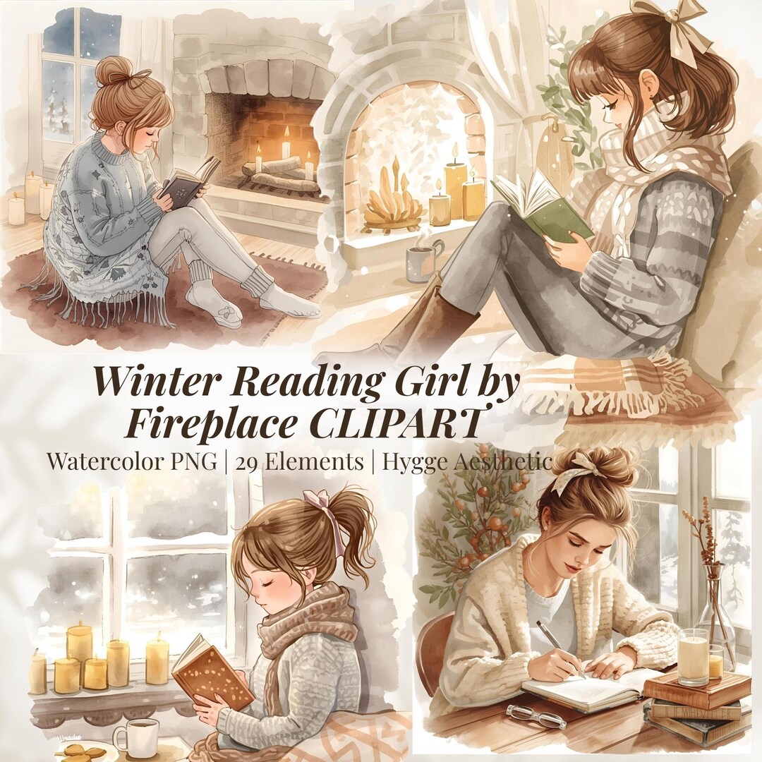 Winter Reading Girl Clipart | Cozy Hygge Watercolor PNG | Fireplace ...