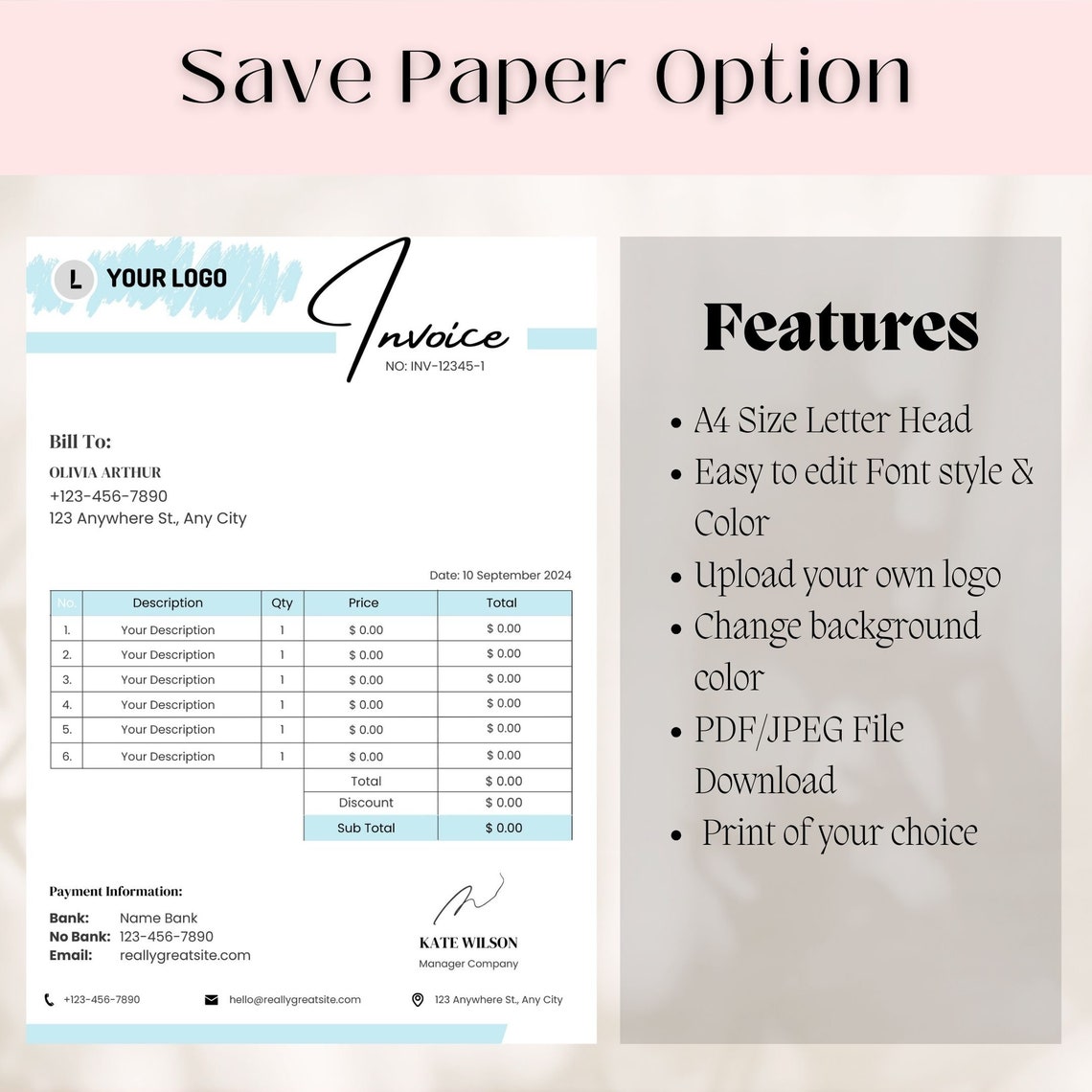 Invoice Template Editable,printable Invoice,invoice Printable for Small ...
