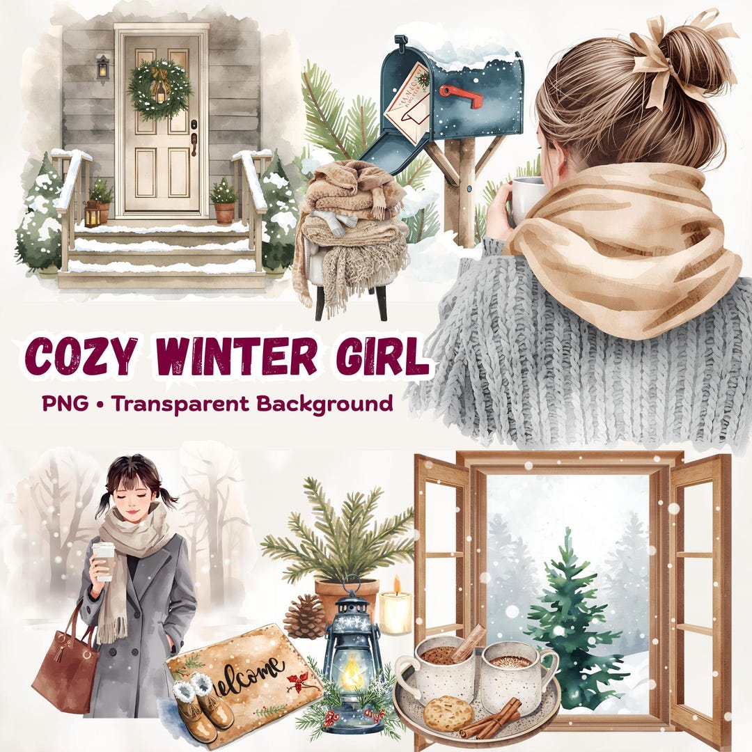 Cozy Winter Girl Clipart | Watercolor Hygge PNG | Cute Winter Girl ...
