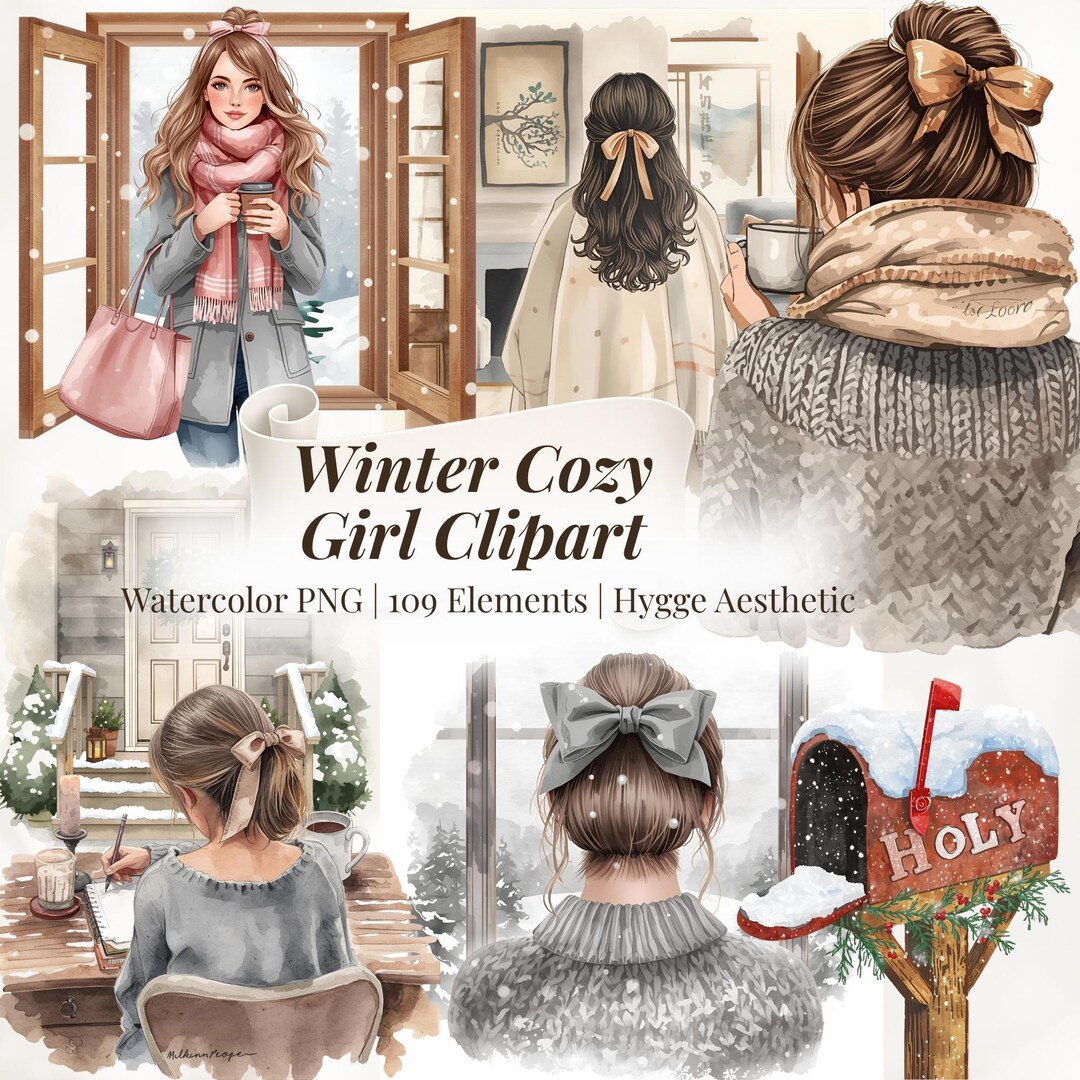 Cozy Winter Girl Clipart | Watercolor Hygge PNG | Cute Winter Girl ...