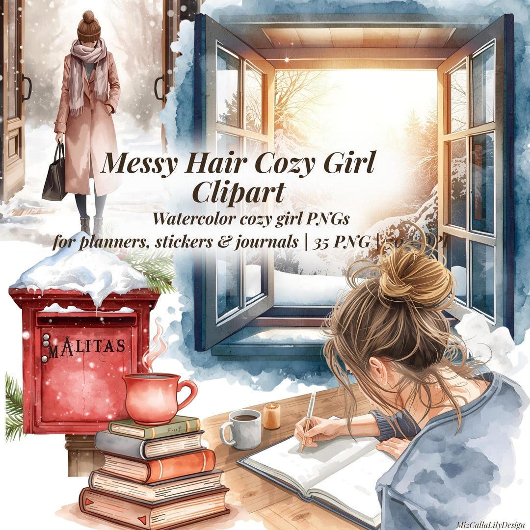 Messy Hair Cozy Girl Clipart | Hygge Watercolor Aesthetic PNG | Cozy ...