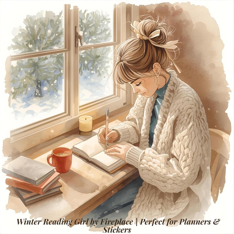 Winter Reading Girl Clipart | Cozy Hygge Watercolor PNG | Fireplace ...