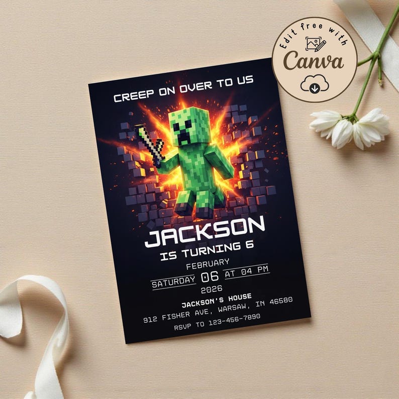 Editable Pixel Game Birthday Invitation | Boys Canva Template (digital ...