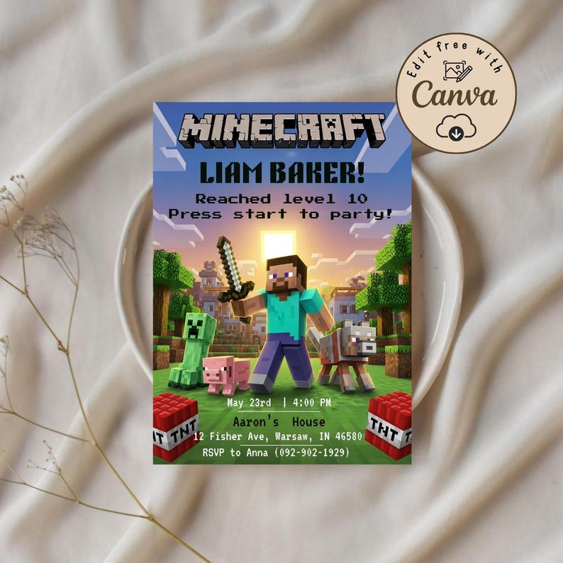 Editable Pixel Block Birthday Invitation | Gamer Party (canva) - Etsy ...