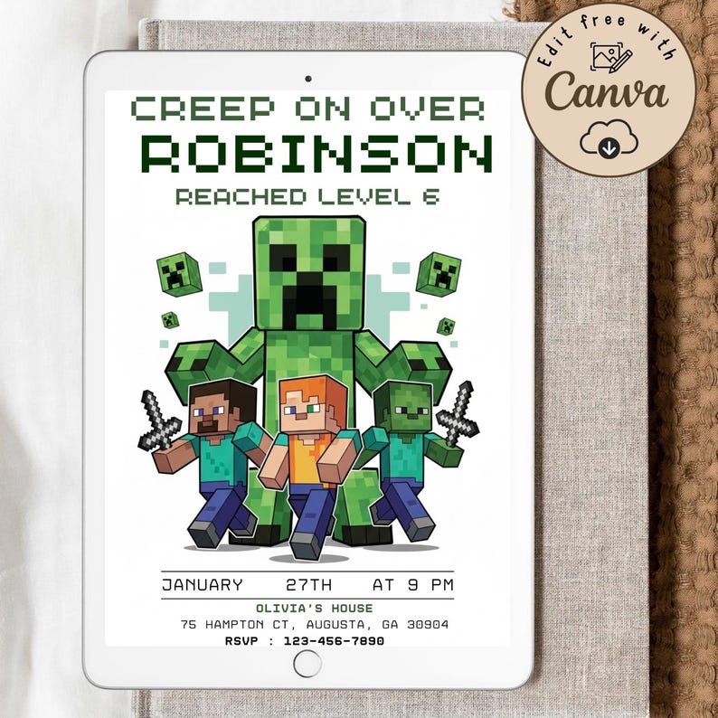 Pixel Block Birthday Invitation | Gamer Party Canva Template (digital ...