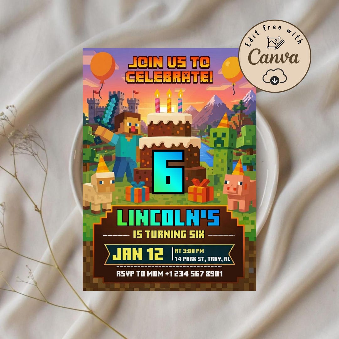 Pixel Block Birthday Invitation | Gamer Craft Party Template (digital ...