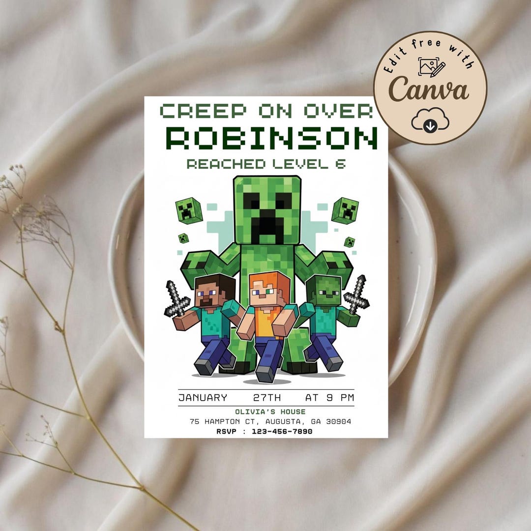Pixel Block Birthday Invitation | Gamer Party Canva Template (digital ...