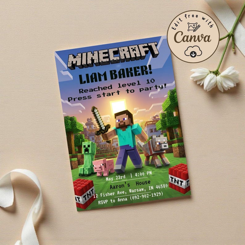Editable Pixel Block Birthday Invitation | Gamer Party (canva) - Etsy ...