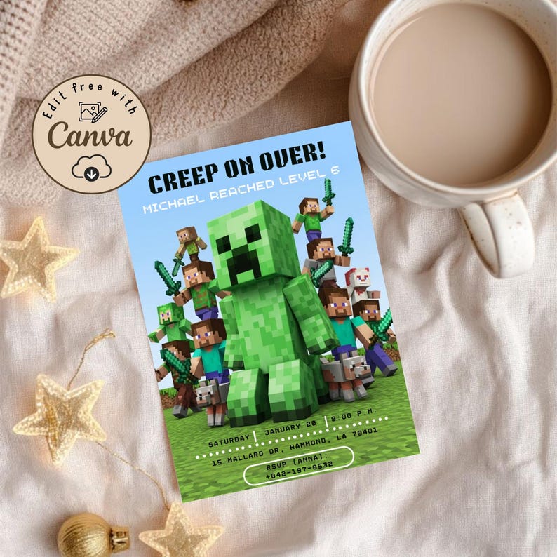 Pixel Block Birthday Invitation | Gamer Party, Editable Canva (digital ...