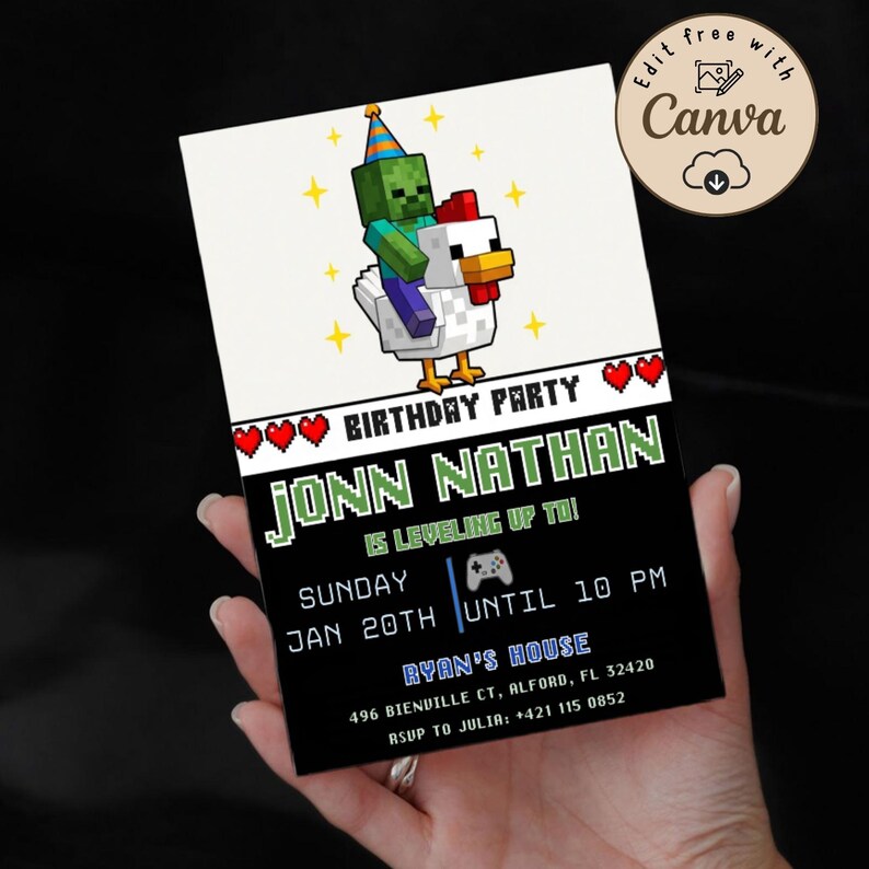 Editable Pixel Block Birthday Invitation – Boys Minecraft Party Invite ...