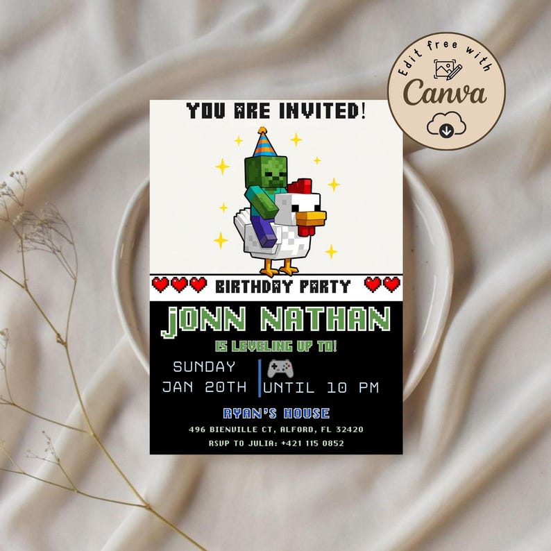 Editable Pixel Block Birthday Invitation – Boys Minecraft Party Invite ...