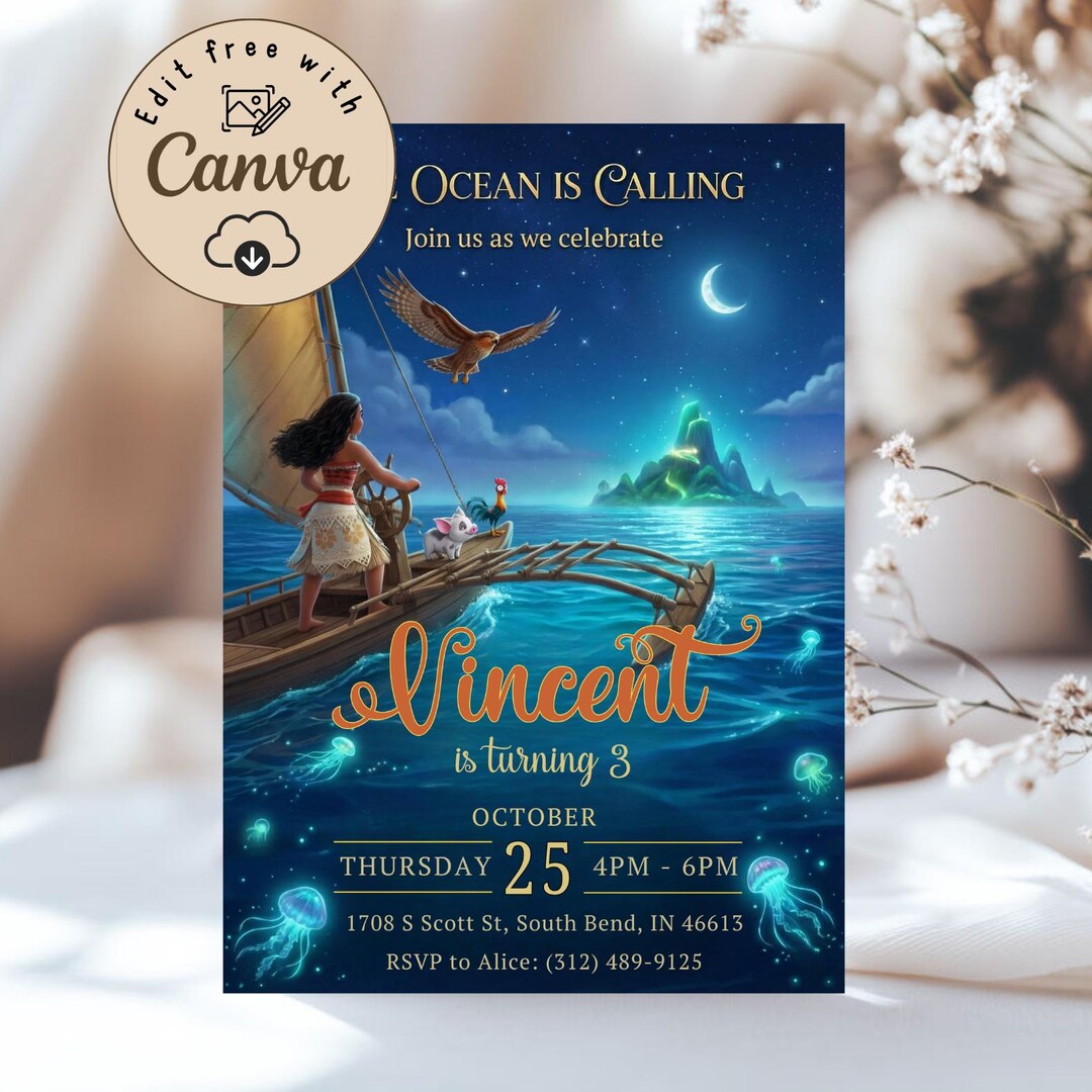 Editable Moana Birthday Invitation, Tropical Island Party Invite, Ocean ...